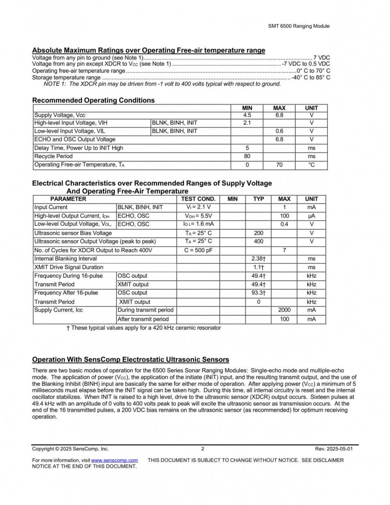 SensComp 6500 ranging module document page 2