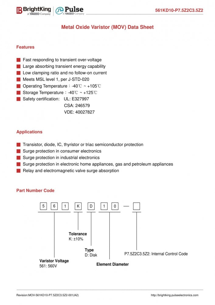561KD10-P7.5Z2C3.5Z2 datasheet page 1