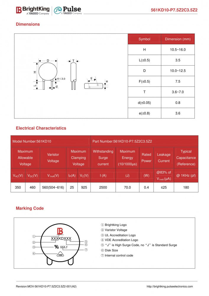 561KD10-P7.5Z2C3.5Z2 datasheet page 2