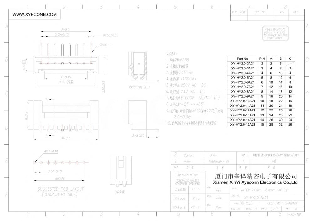 XY-HY2.0-11A21 technical drawing page