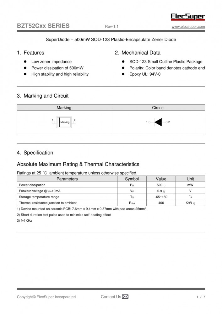 ElecSuper BZT52C3V3 datasheet page 1