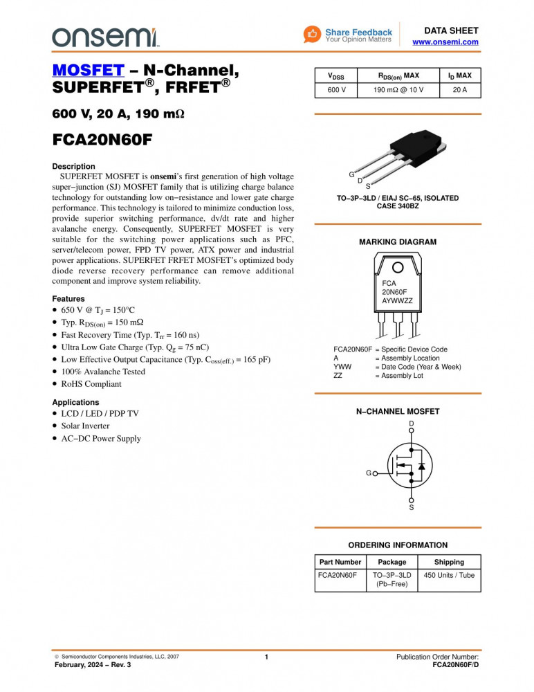 FCA20N60F datasheet page 1