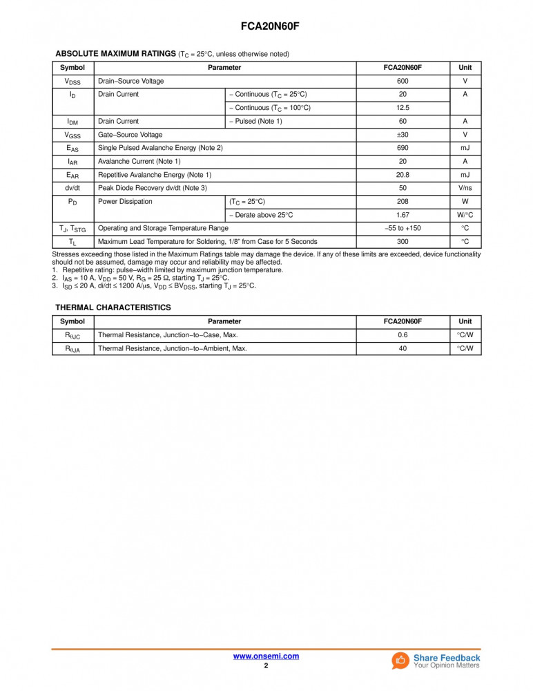 FCA20N60F datasheet page 2