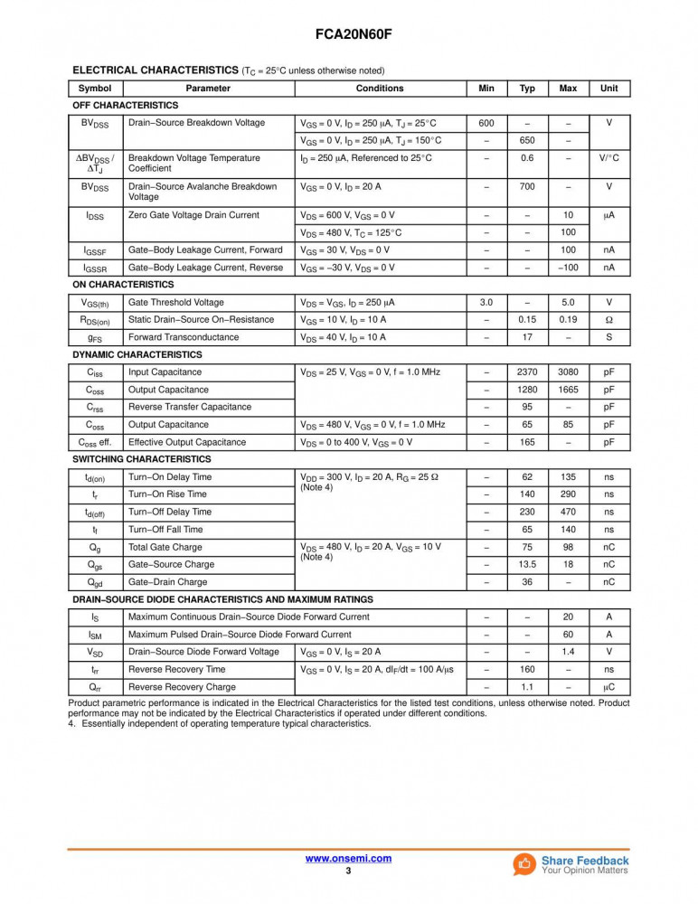 FCA20N60F datasheet page 3
