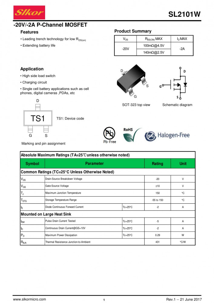 SL2101W datasheet page 1