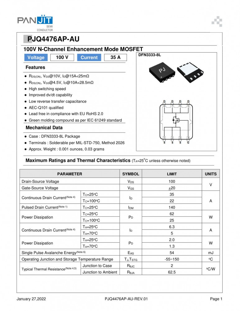 PJQ4476AP-AU datasheet page 1