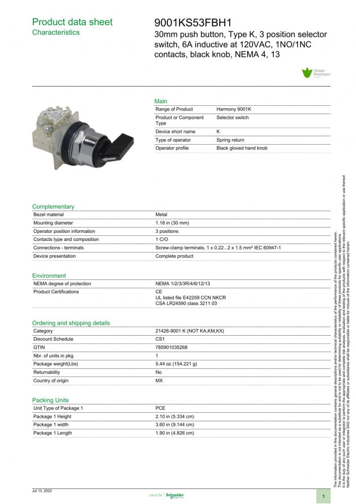9001KS53FBH1 technical document page 1