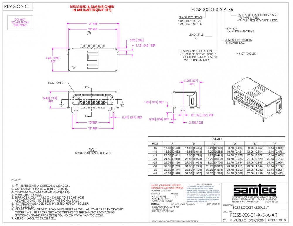 Samtec FCS8 socket assembly drawing page 1