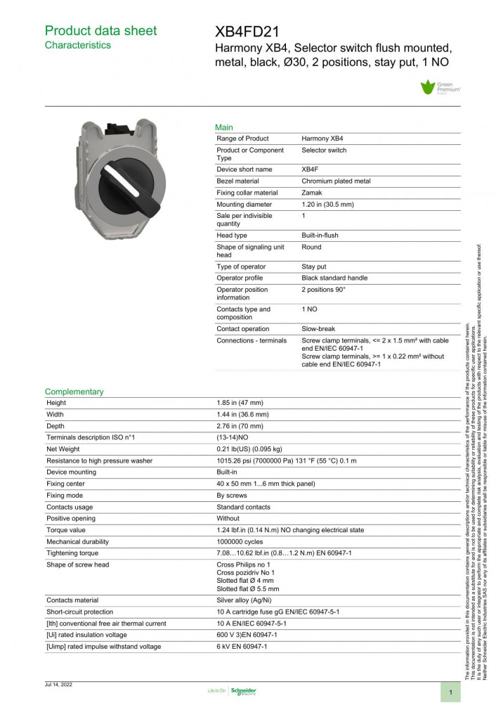 XB4FD21 technical documentation page 1