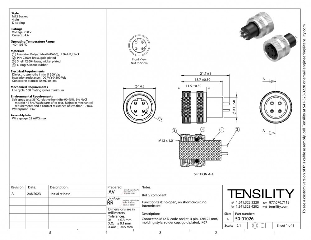Tensility International 50-01026 M12 D-coded 4-pin socket product drawing