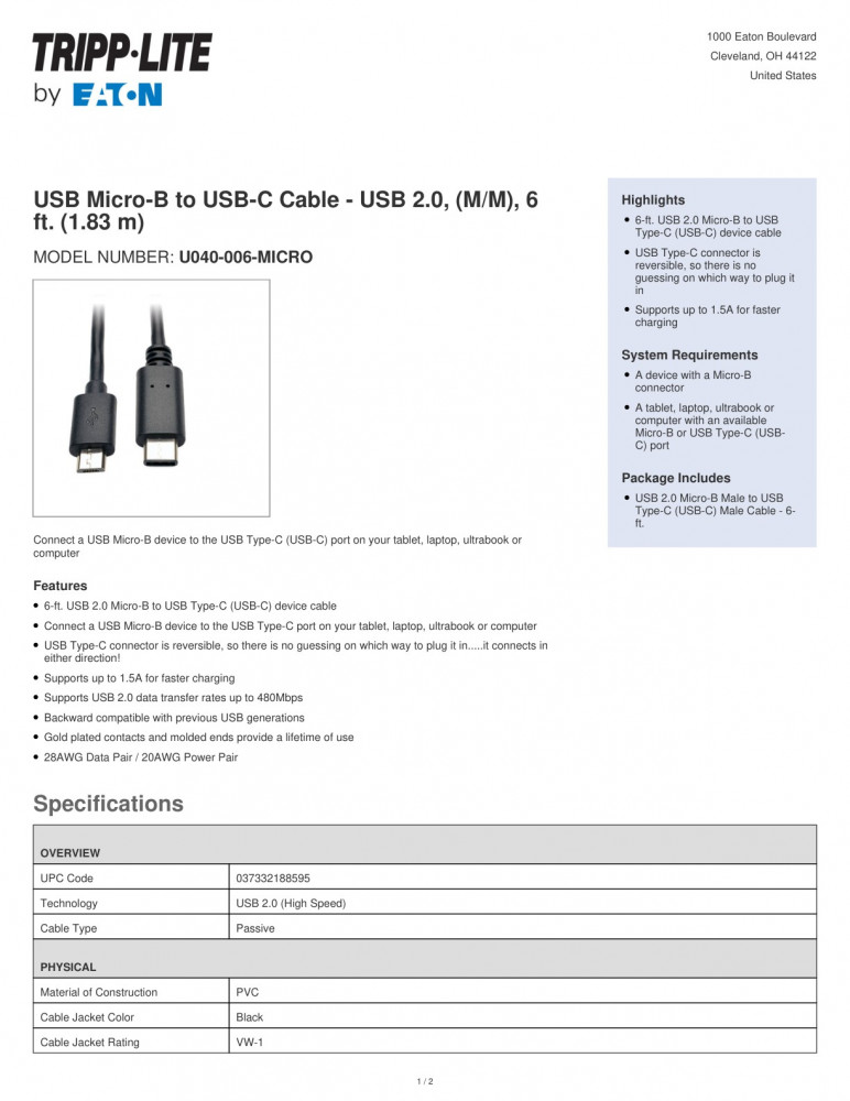 EATON U040-006-MICRO technical document page 1