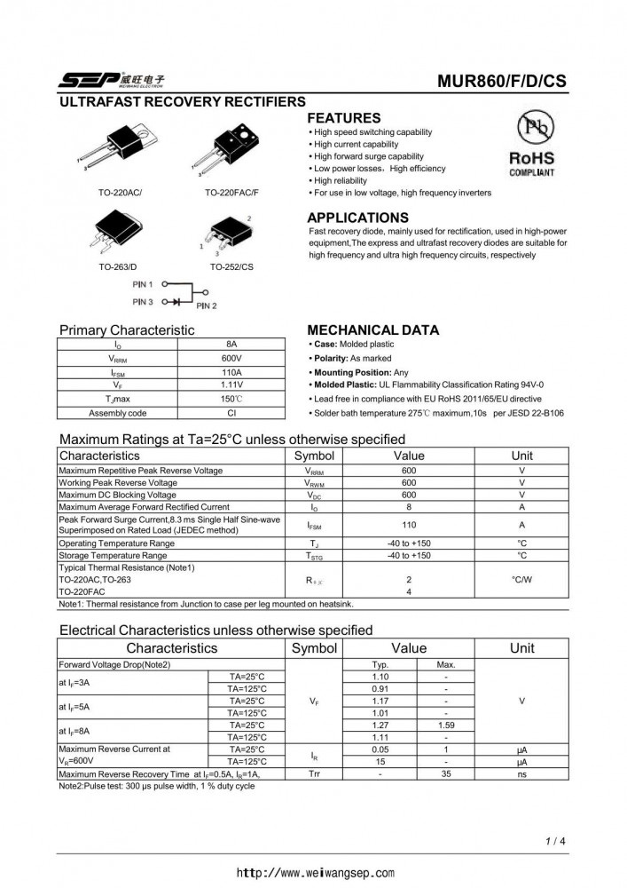 MUR860F datasheet page 1