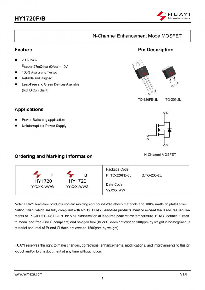 HY1720P datasheet page 1