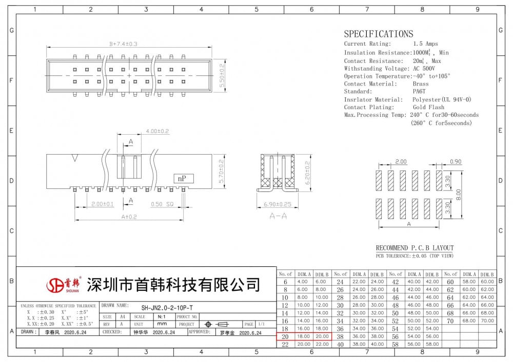 SH-JN2.0-2-10P-T technical drawing