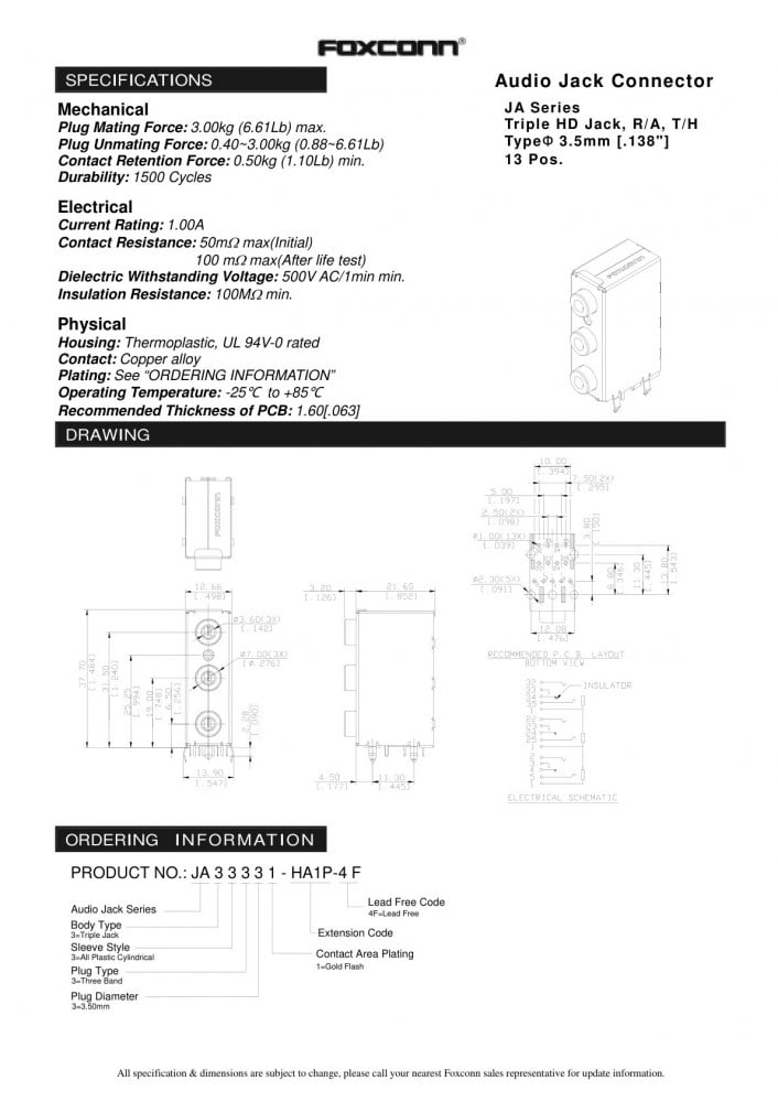 FOXCONN JA33331-HA1P-4F product specification and drawing