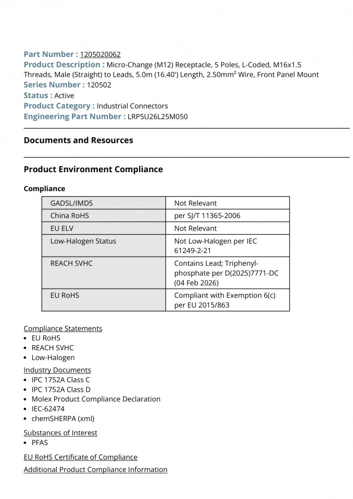 Molex product drawing page 1 for the 1205020062 connector cable assembly