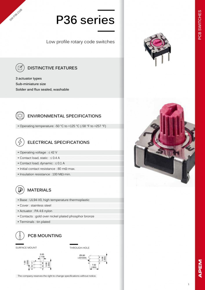 APEM P36 series technical document page 1
