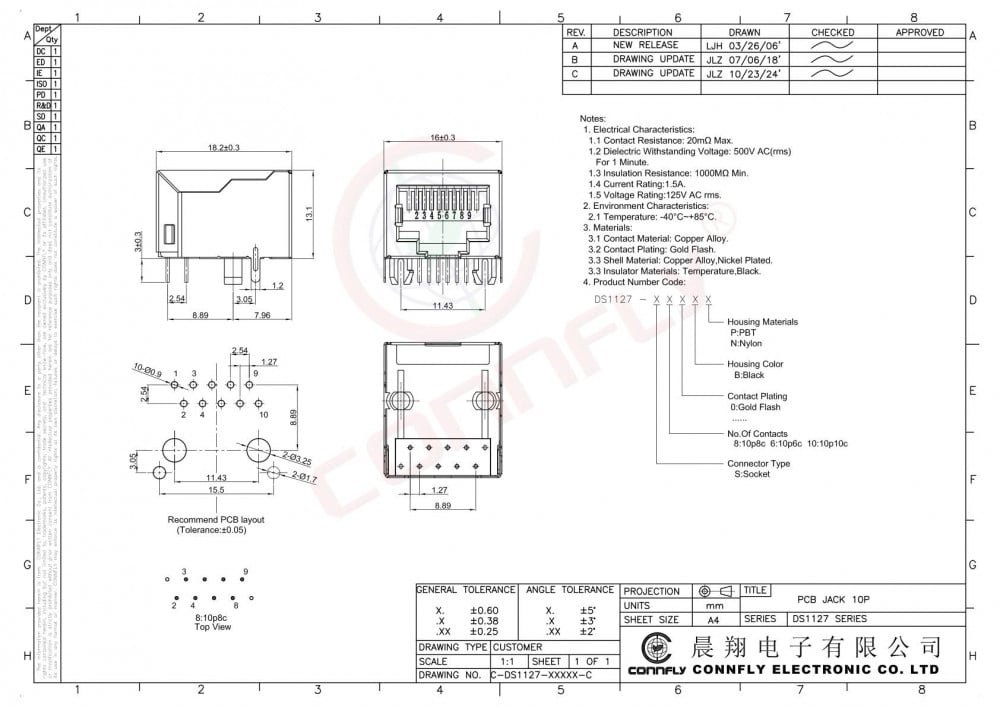 CONNFLY Elec DS1127-S80BP technical drawing