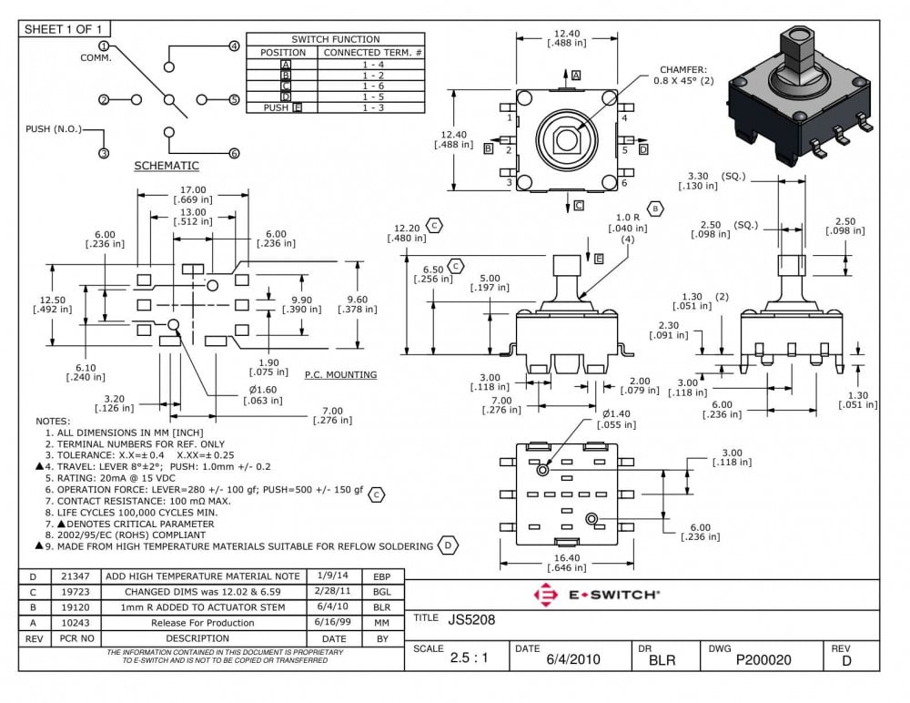 E-Switch JS5208 technical drawing