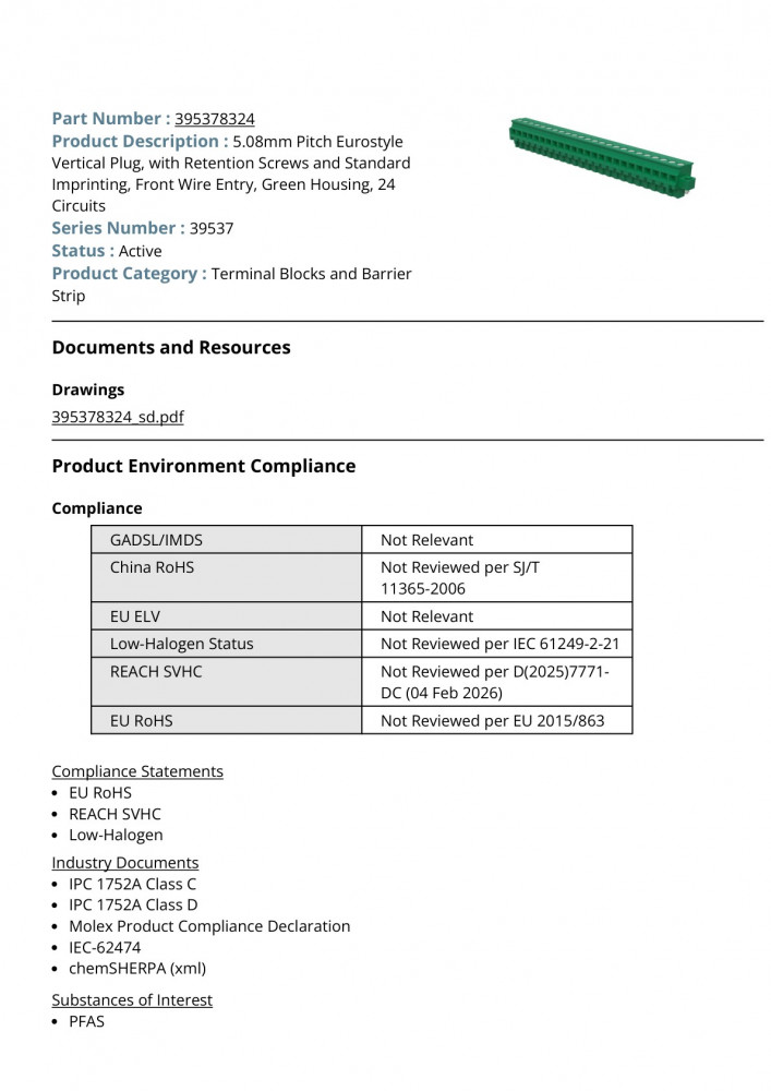 MOLEX Series 39537 product drawing, page 1