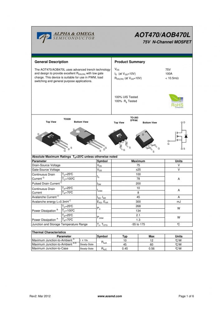 AOT470 datasheet page 1