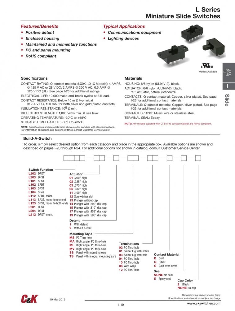 C&K L Series miniature slide switch catalog page 1