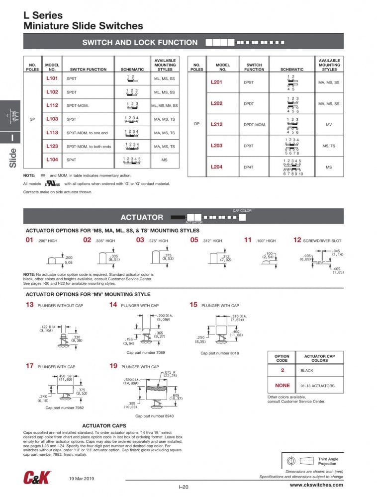 C&K L Series miniature slide switch catalog page 2