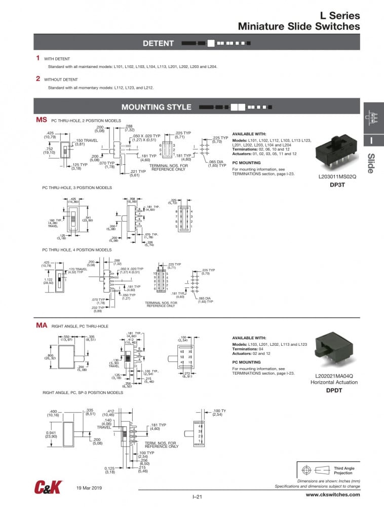 C&K L Series miniature slide switch catalog page 3