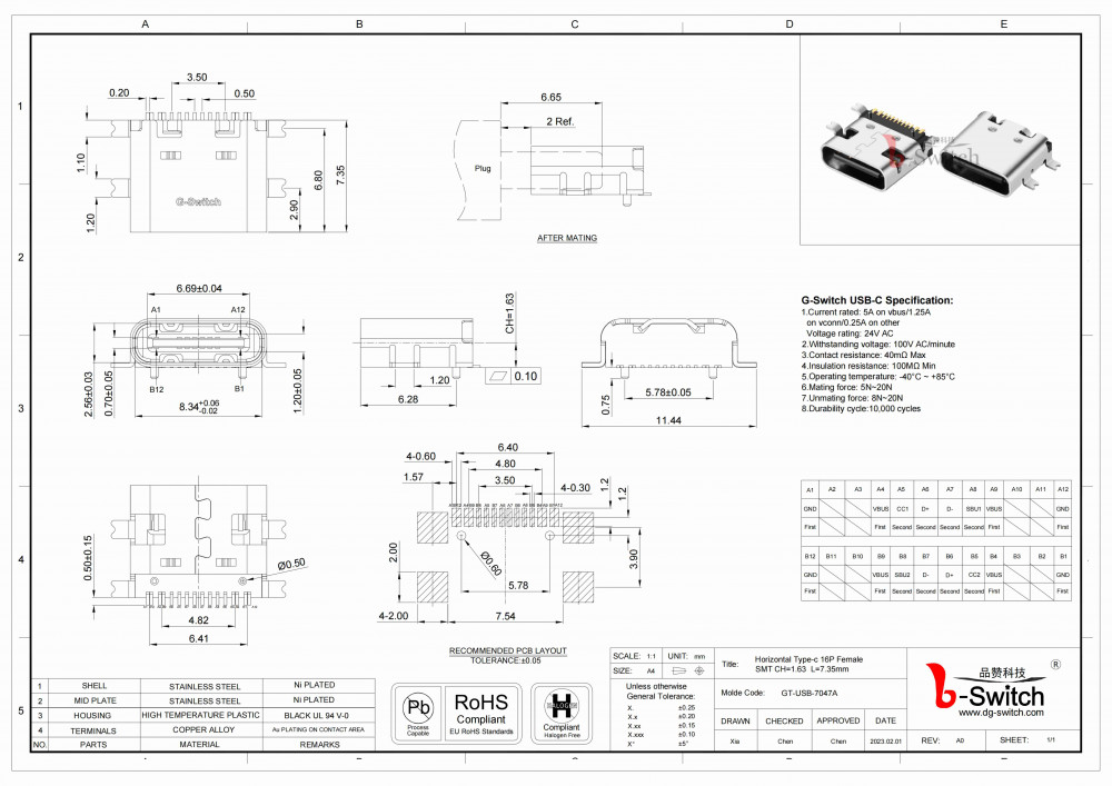 GT-USB-7047A technical drawing page 1