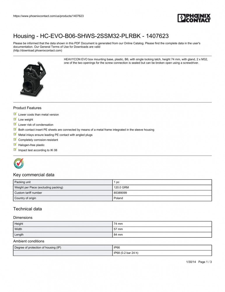 Phoenix Contact 1407623 product document page 1