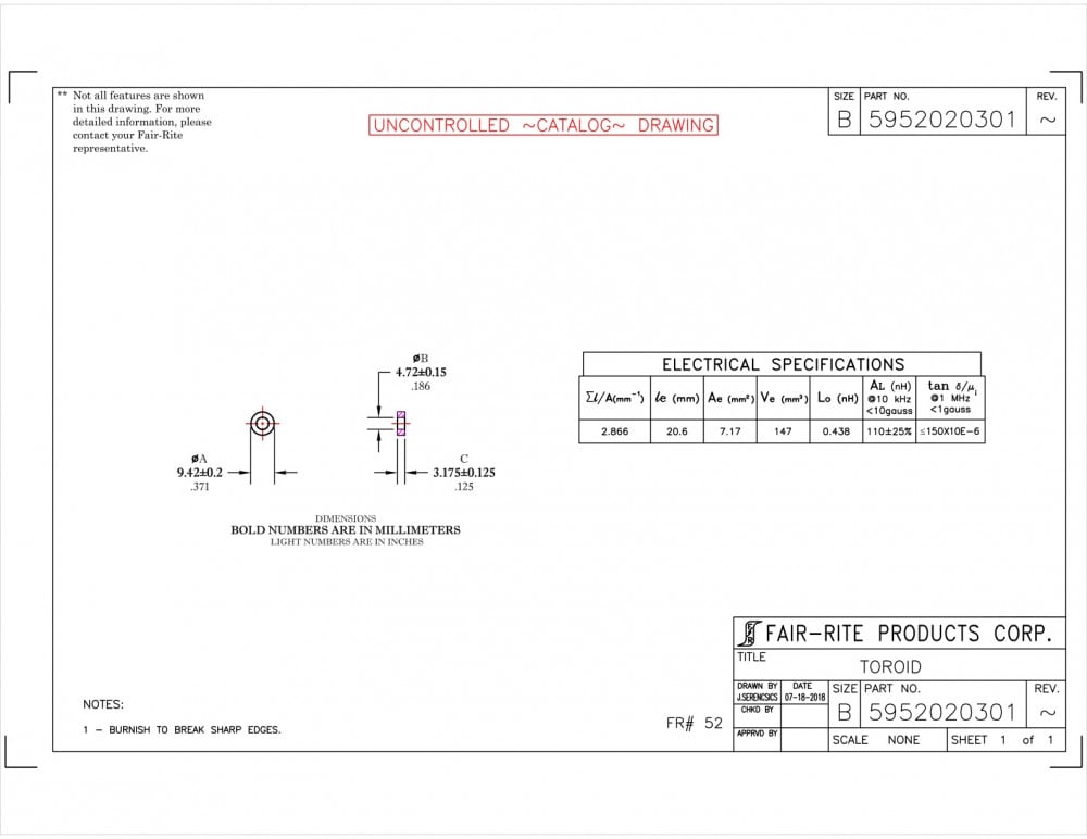 Fair-Rite 5952020301 catalog drawing