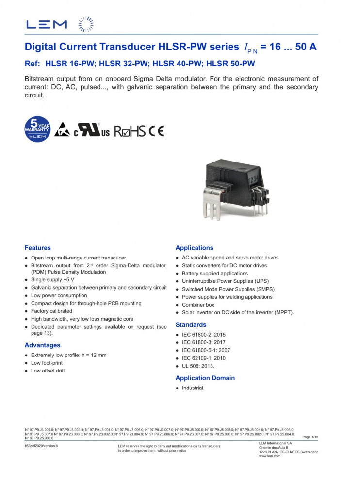 HLSR-PW datasheet page 1