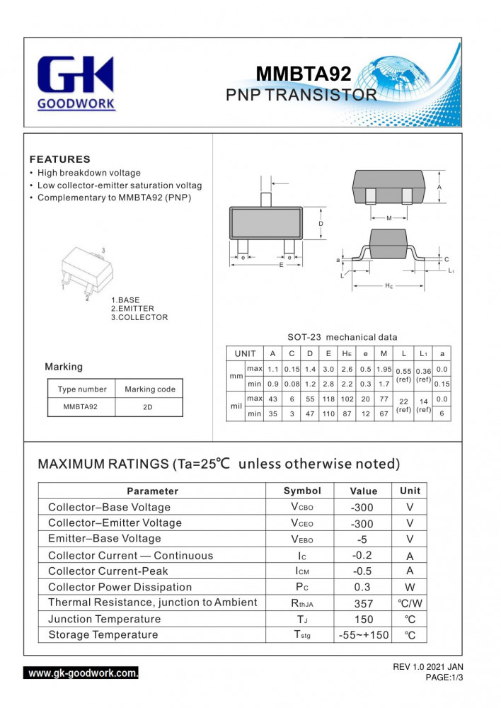 MMBTA92 datasheet page 1