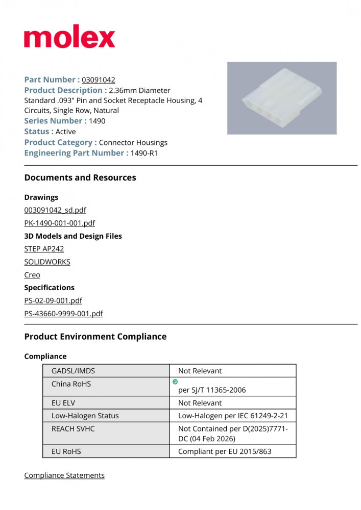 Molex .093 standard pin and socket terminal documentation, page image 1