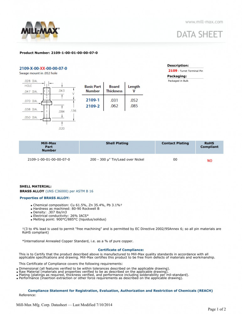 Mill-Max 2109 series technical document page 1