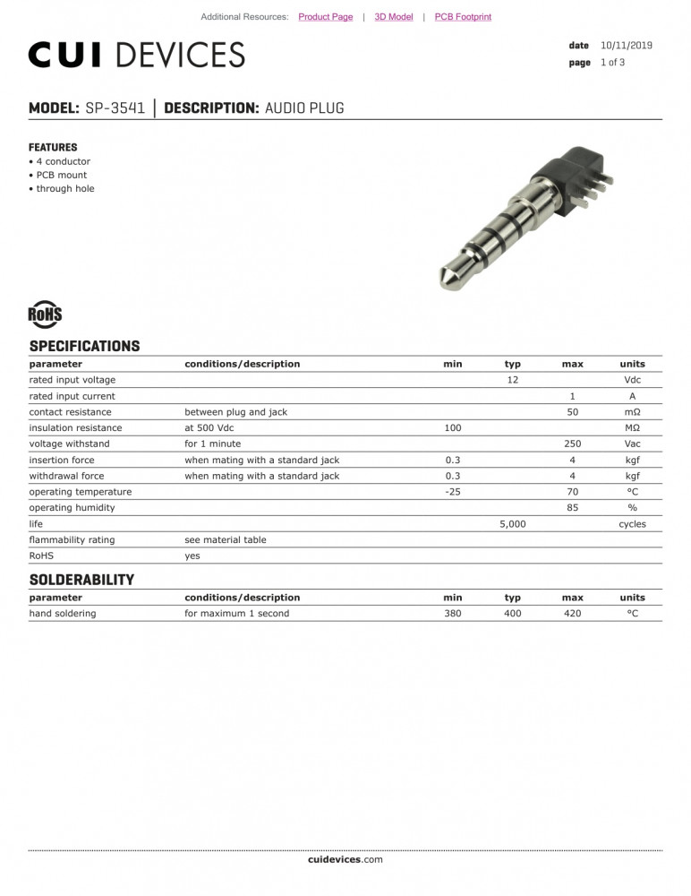 CUI SP-3541 datasheet page 1