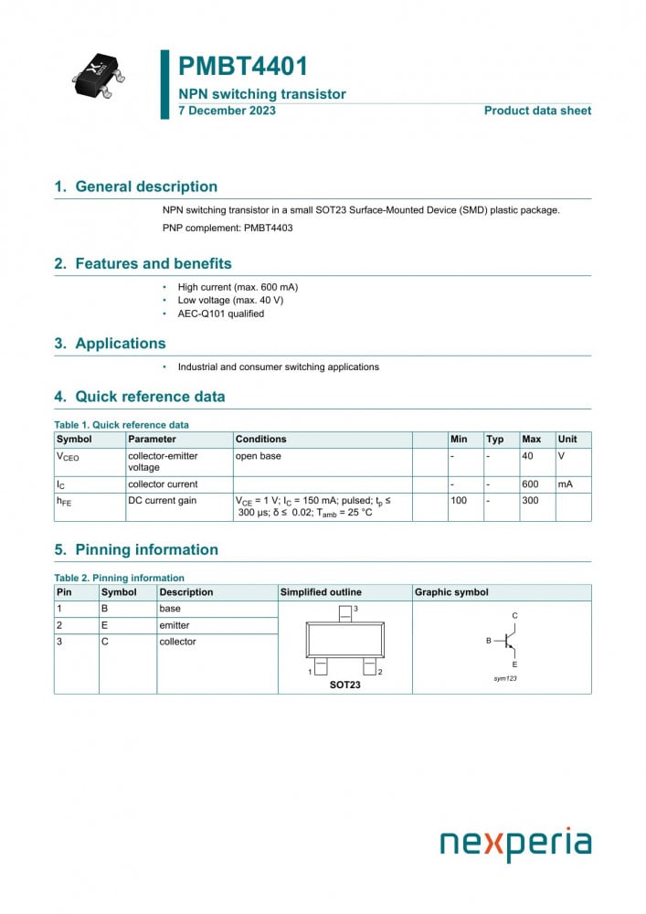 PMBT4401 datasheet page 1