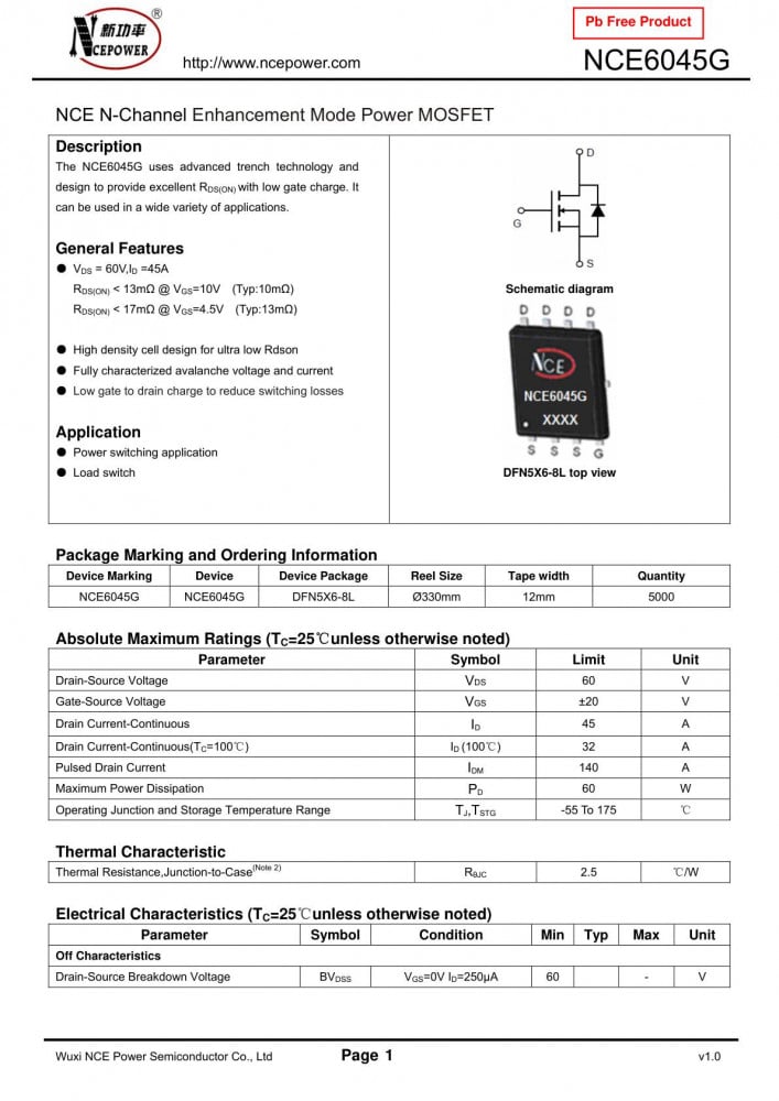 NCE6045G datasheet page 1