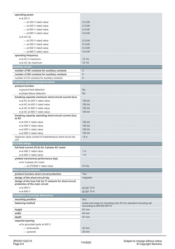 3RV23110JC10 technical document page 2