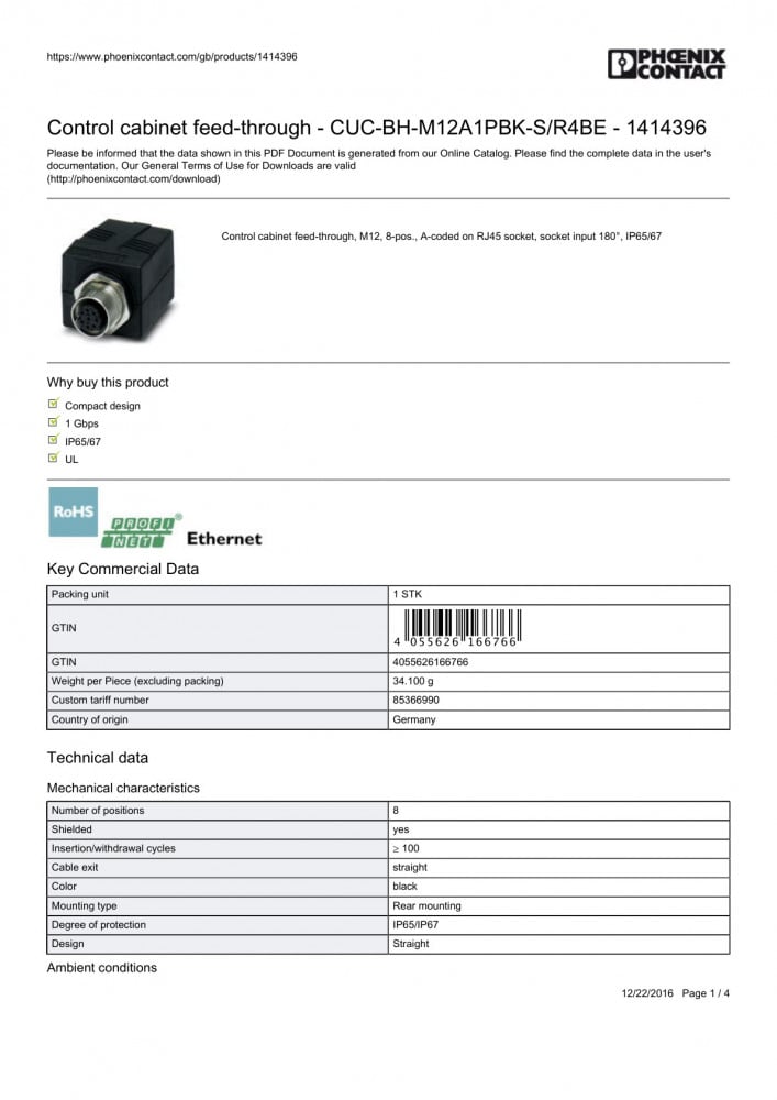 Phoenix Contact 1414396 product document page 1