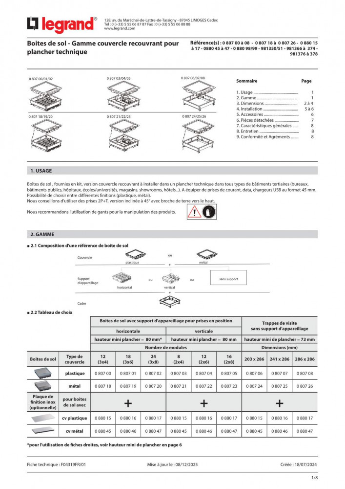 Legrand floor-box technical document, page 1