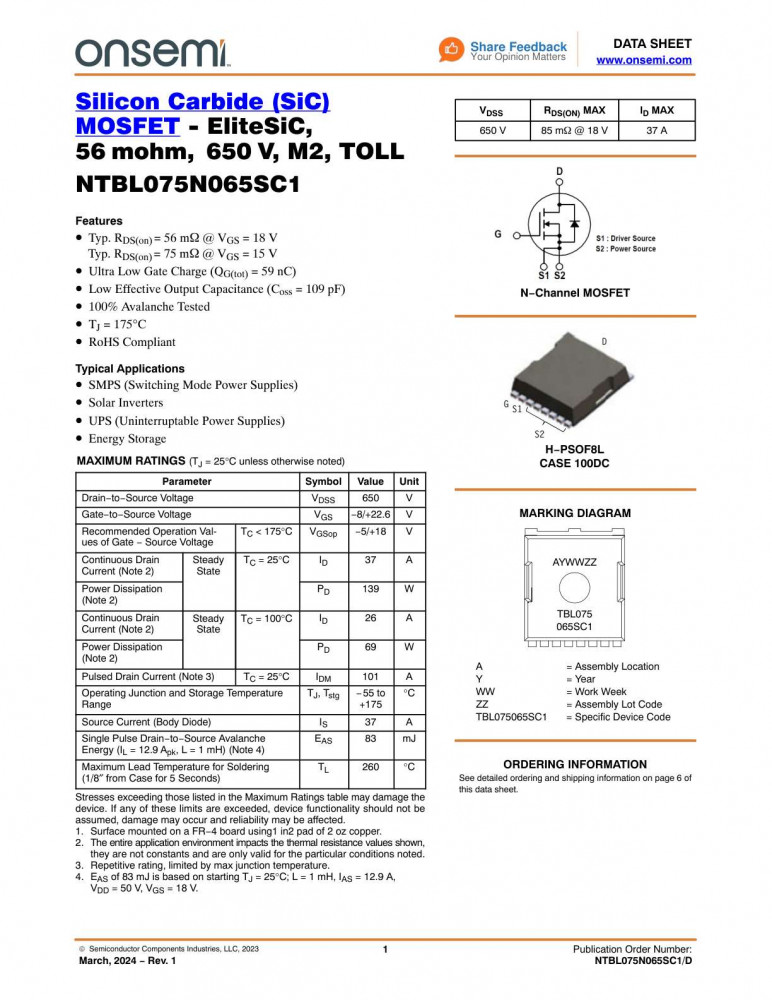 NTBL075N065SC1 datasheet preview, page 1