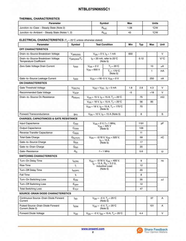 NTBL075N065SC1 datasheet preview, page 2