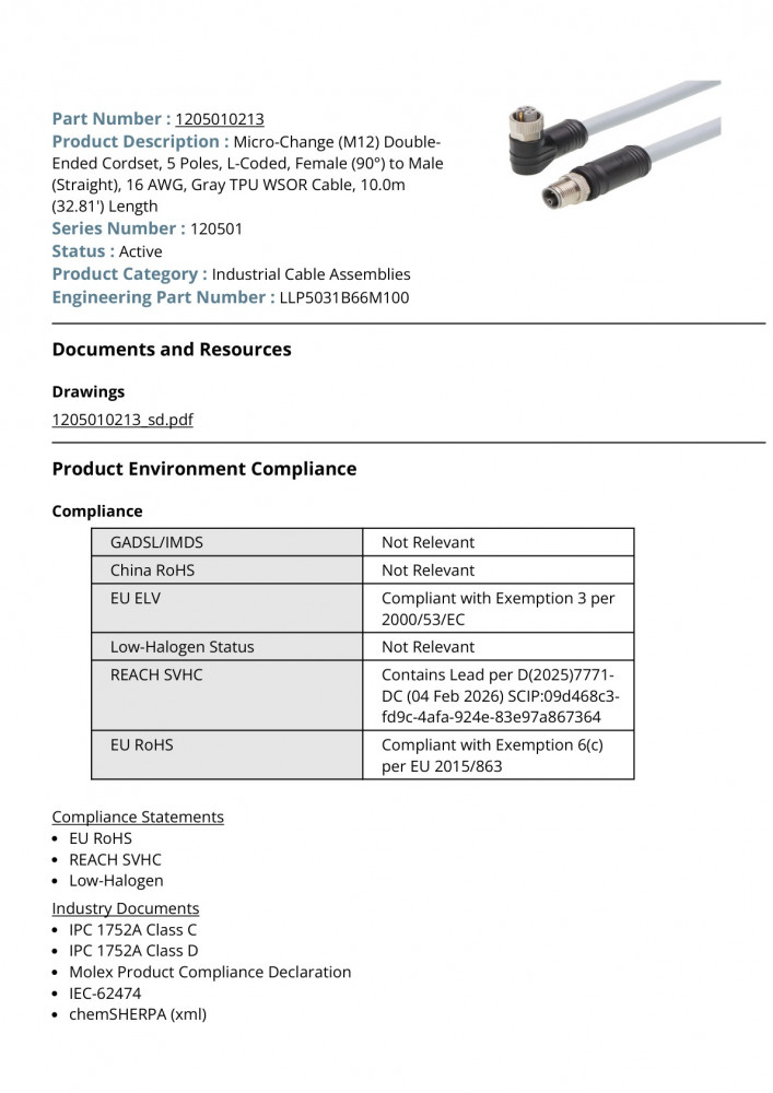MOLEX 120501 cable assembly drawing, page 1
