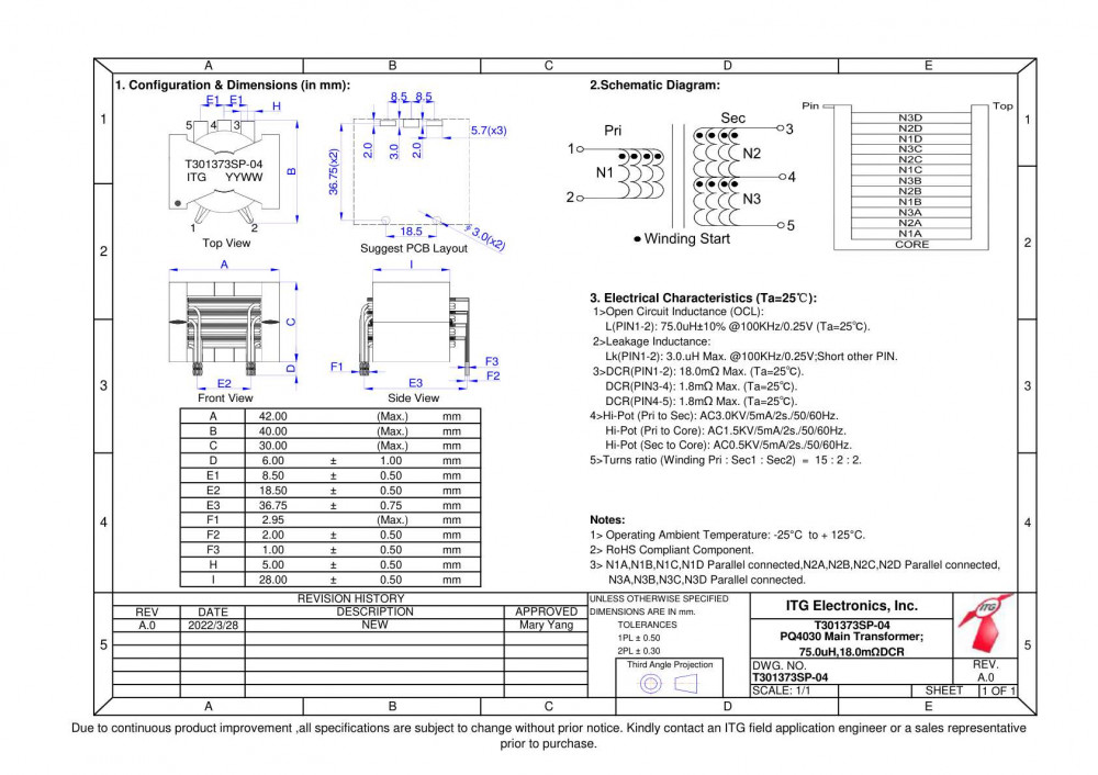T301373SP datasheet page 1, transformer drawing and electrical characteristics