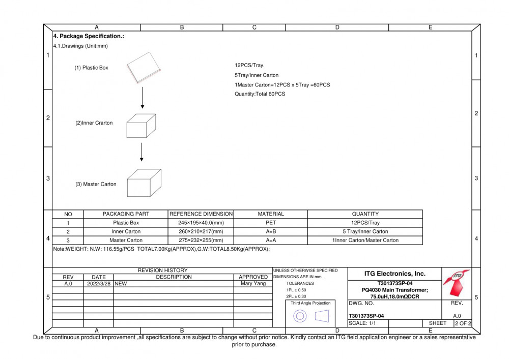 T301373SP datasheet page 2, packaging specification