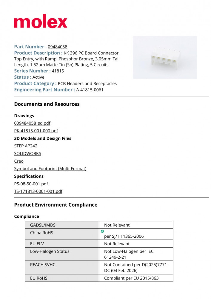 MOLEX KK 396 product specification, page preview 1