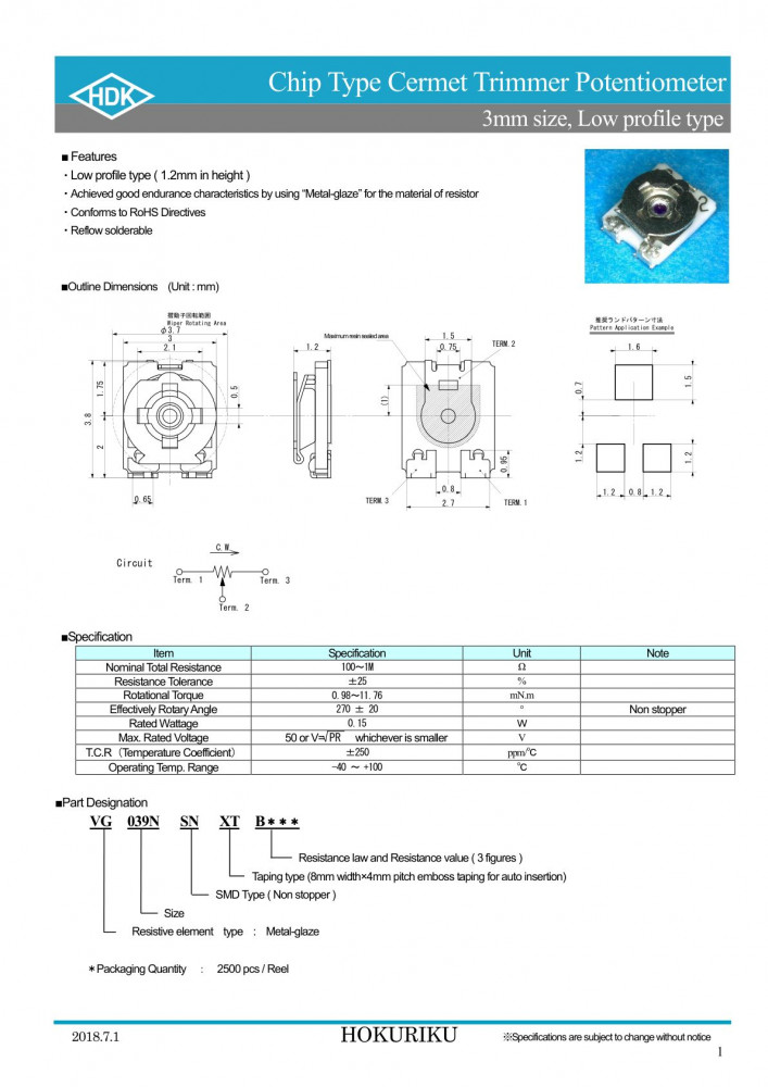HDK VG039NSNXTB103 datasheet page 1