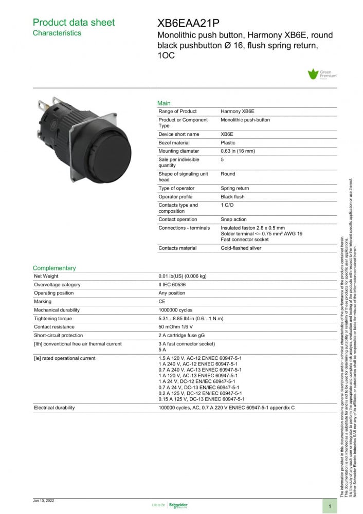 XB6EAA21P technical documentation page 1