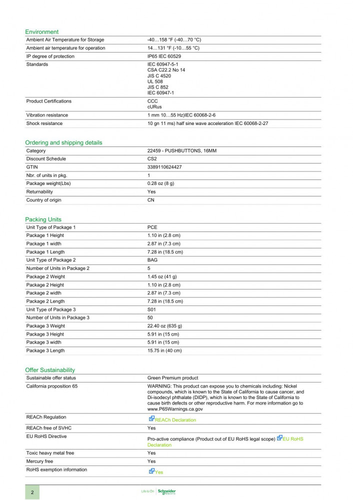 XB6EAA21P technical documentation page 2